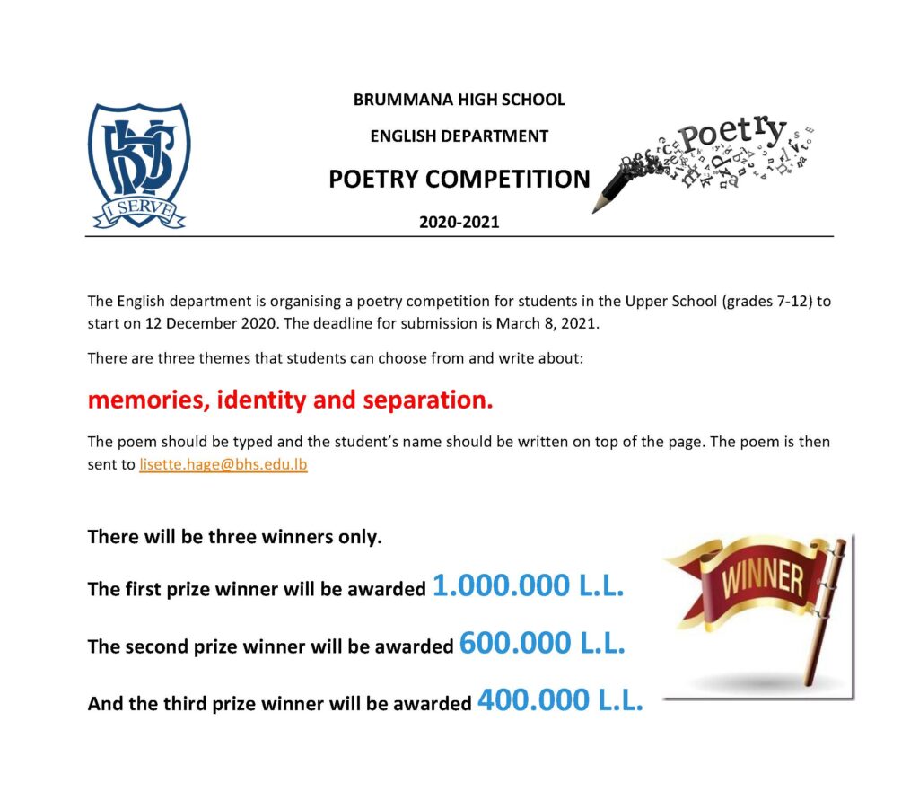 BHS Poetry Competition - Prizes to be Won! - Brummana High School